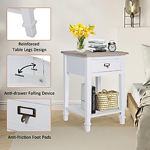 Kinsuite White Side Table Set of 2 Wood End Table Nightstands with Drawer and Storage Shelf