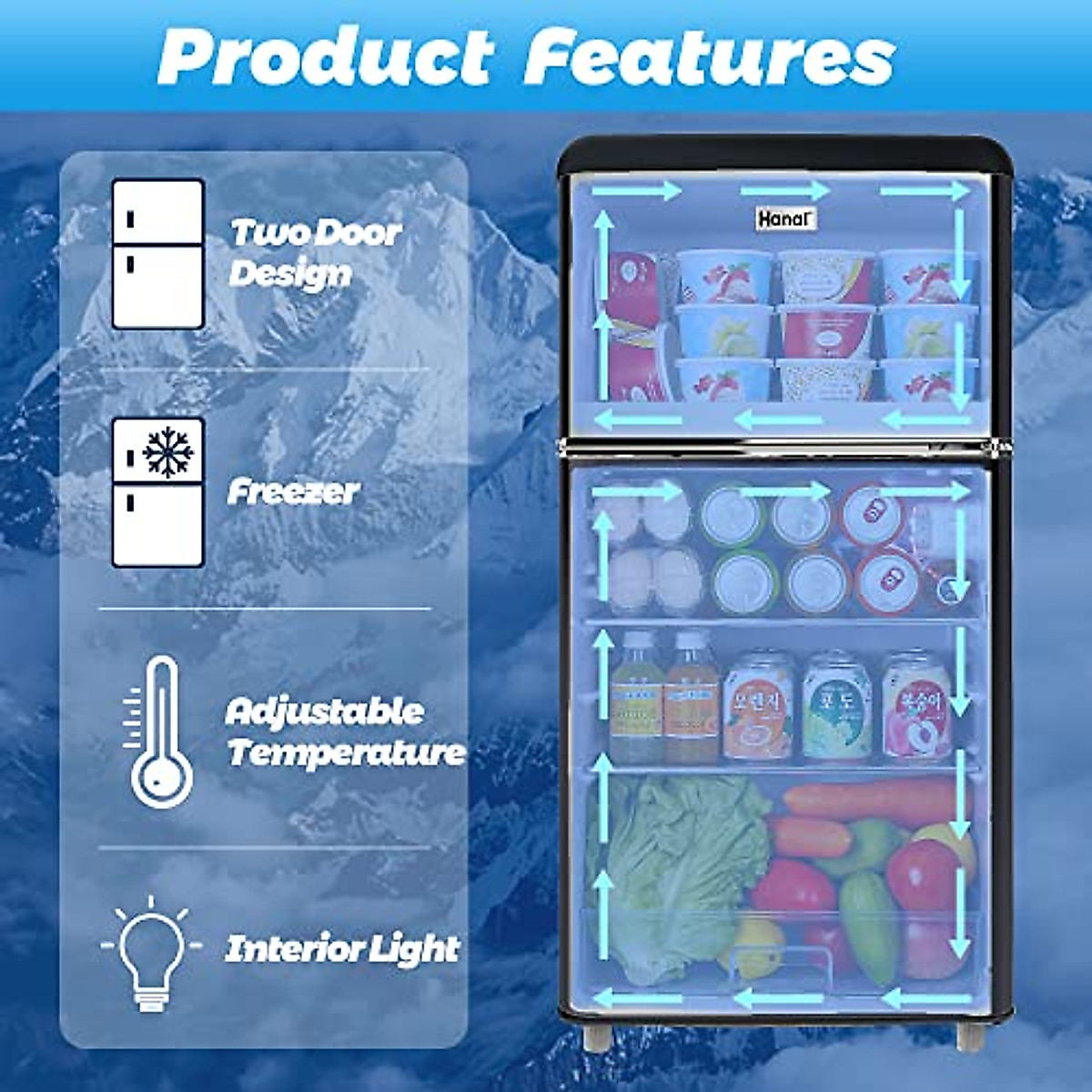 WANAI 3.2 Cu.Ft Compact Refrigerator with 2 Doors, Mini Fridge with Freezer, 40 dB Quiet, 7-Settings Mechanical Thermostat, LED Lights, Small Refrigerator for Bedroom Office, Dorm or Garage, (Black)