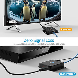 gofanco 1080p HDMI Extender Over CAT5e/6 Without Signal Loss – Up to 197ft (60m), 1080p 60Hz, 1080i, 720p, 3D, HDCP 1.4, Power-Over-Cable (PoC), LPCM 2.0 Audio, Surface Mountable (HDExt v3.0)