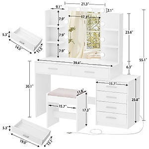 FIONESO Vanity Desk with Mirror & Lights, Makeup Vanity with 6 Drawers, 6 Open Shelves and Power Outlet, 48” Storage Makeup Vanity Desk with Stool Bench for Women, Girls, Bedroom, White