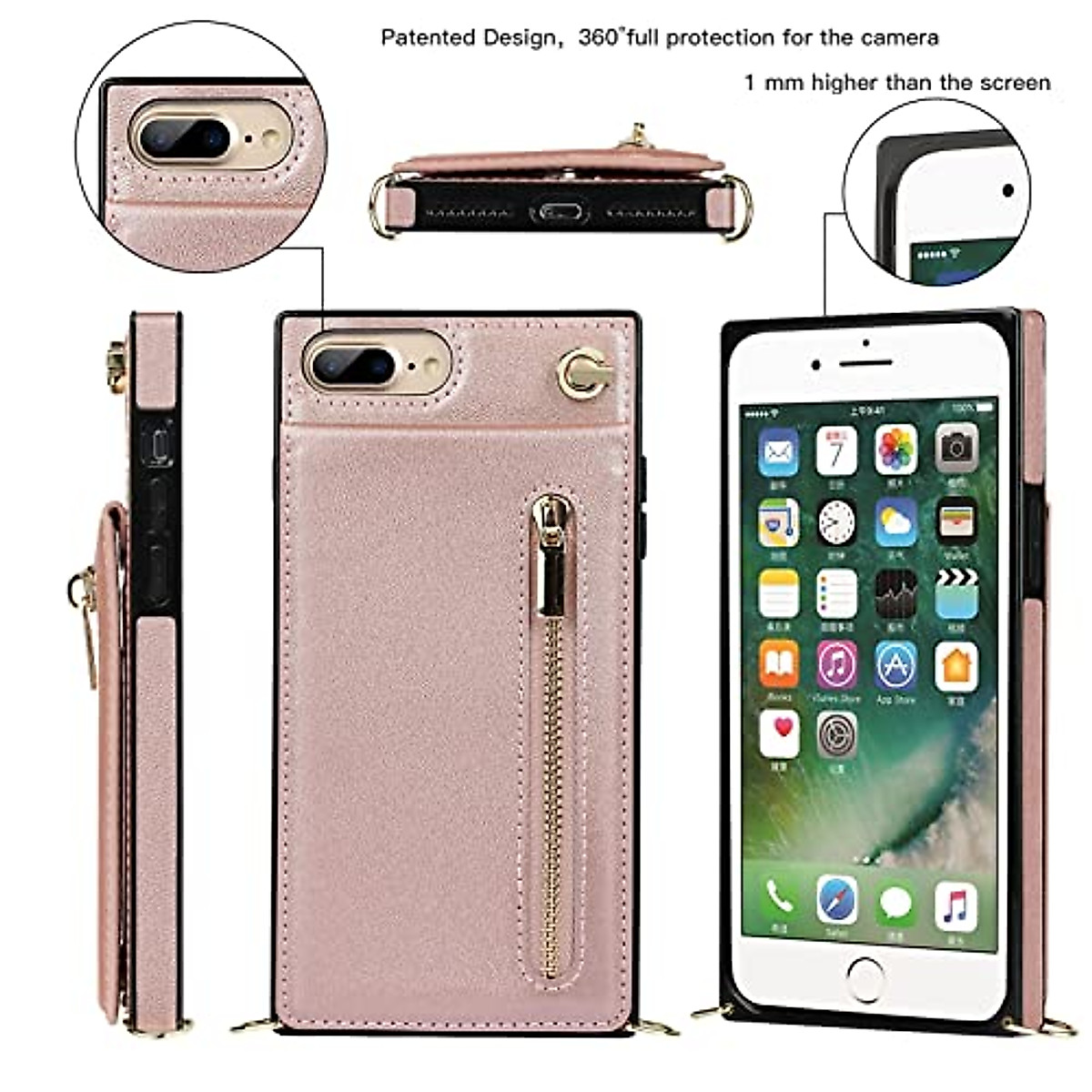 Jaorty Crossbody Phone Case for iPhone 8 Plus/7 Plus Case with Card Holder for Women,iPhone 7 Plus Case Wallet with Strap Lanyard for Men,PU Leather Magnetic Clasp with Kickstand 5.5", Rosegold