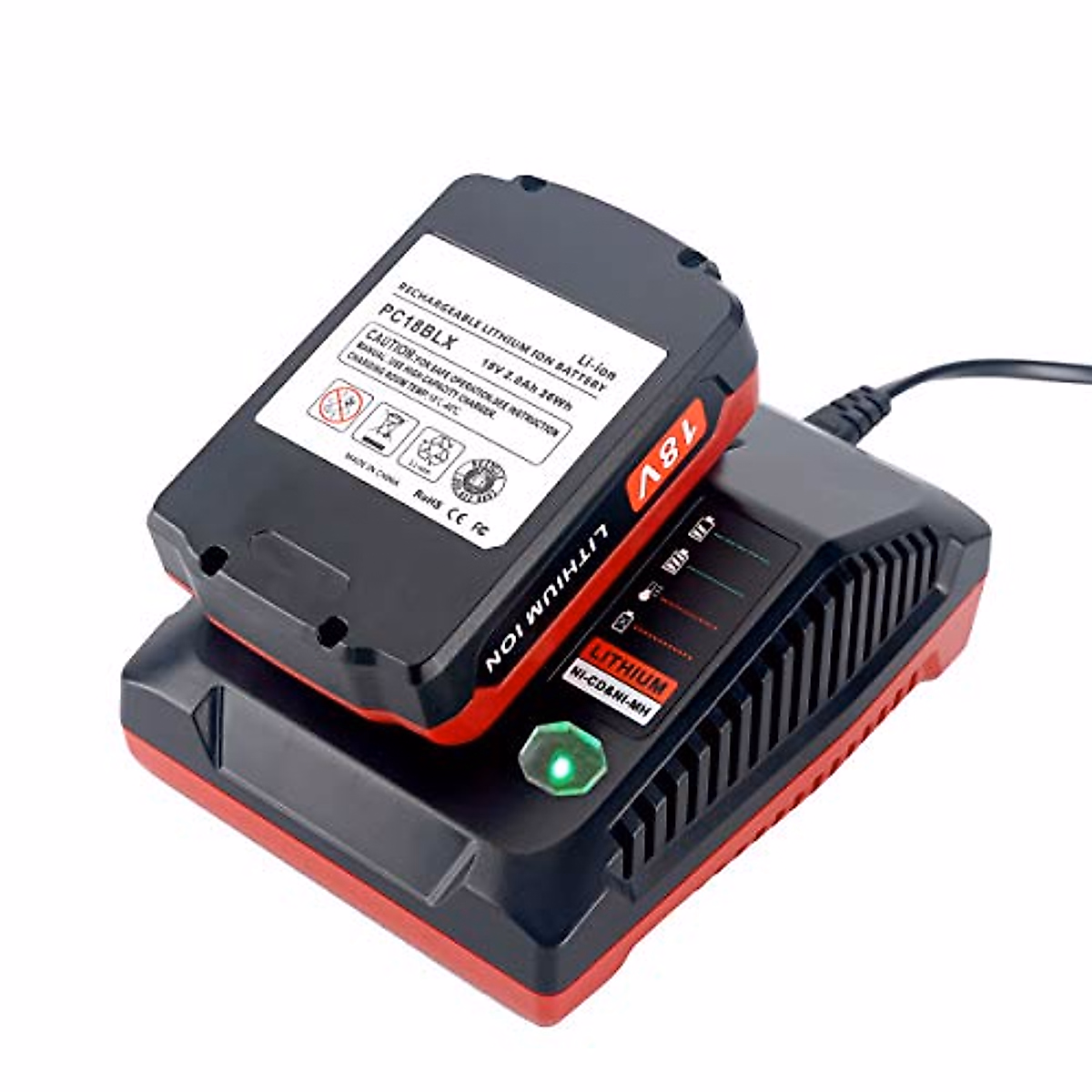 18-Volt Multi-Chemistry Battery Charger for Porter Cable PCXMVC Lithium Ion & NiCad NiMh Slide PC18B PC18B-2 PC18BL PC18BLX PCC489N Cordless Power Tool Battery