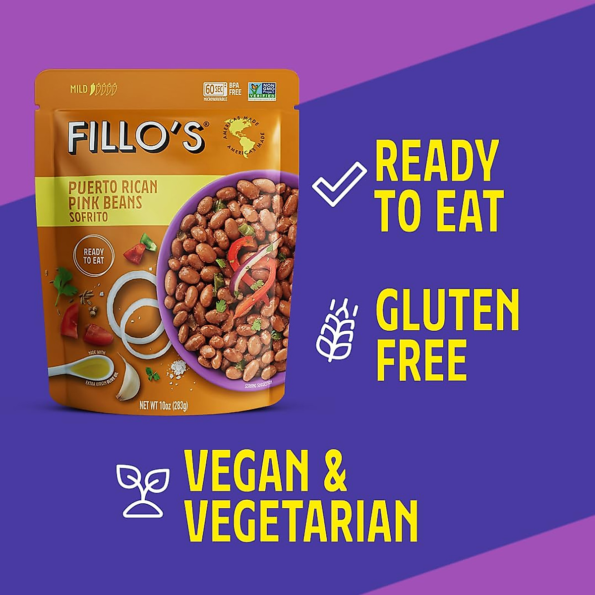 Fillo's Puerto Rican Pink Beans, Ready to Eat Sofrito Beans, 10 oz Pk of 6, Gluten-Free, Preservative-Free, Microwavable Meals, Non-GMO, Vegan, Plant Protein