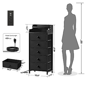 REAHOME Dresser for Bedroom with Charging Station and LED Lights, 5 Drawers Dresser Black Chest of Drawers with Shelves, Tall Night Stand with Sturdy Steel Frame & Wood Top for Bedroom - Black Grey