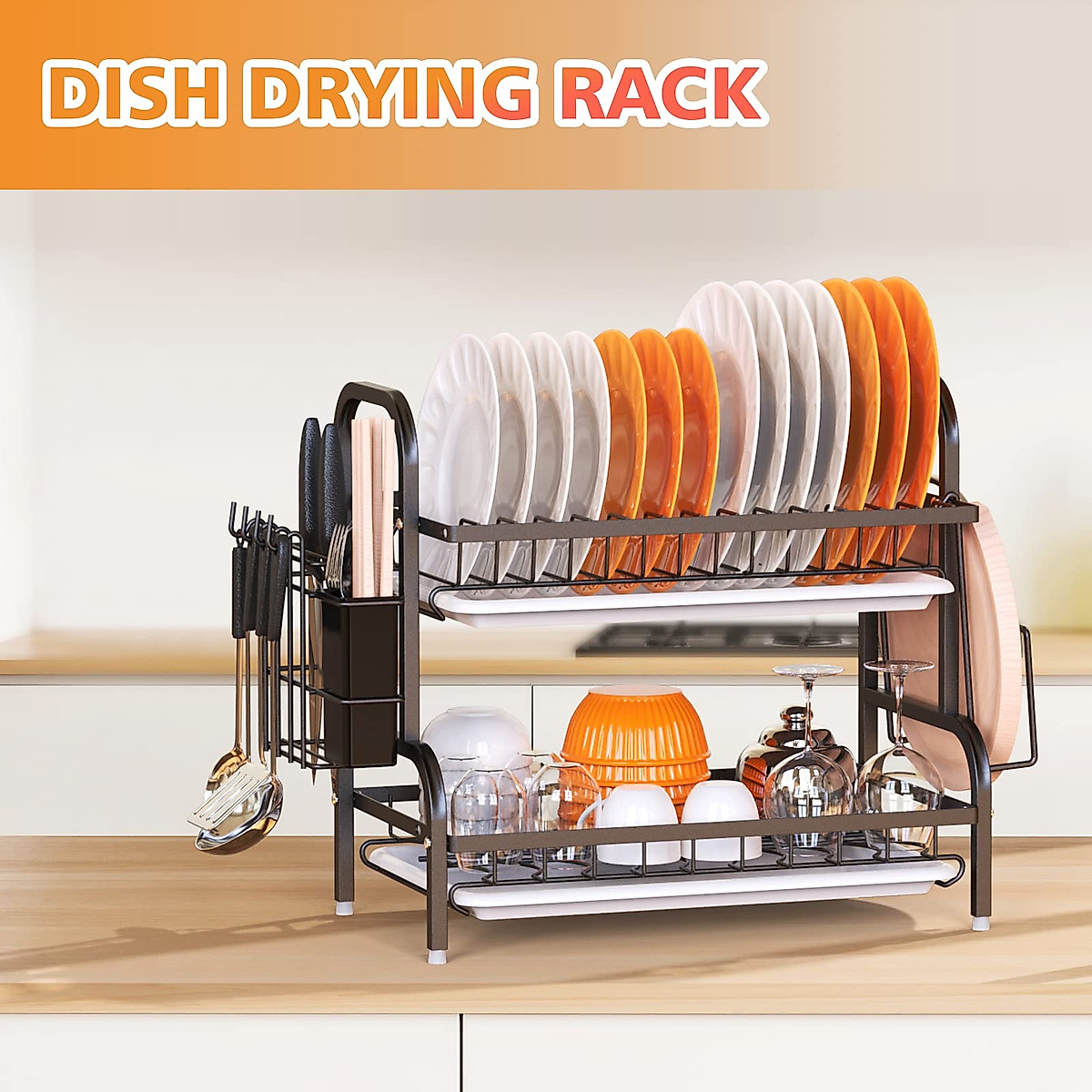 DUCHIFAD Dish Drying Rack, 2-Tier Dish Racks for Kitchen Counter, Sink Dish Drainer with Drainboard, Utensil Holder and Cutting Board Holder, Stainless Steel Kitchen Drying Rack-Black