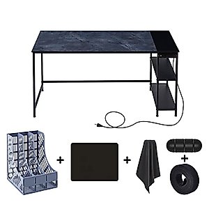 YOLOXO Computer Home Office Desk with Power Strip Outlet, 63 Inch Small Desk Study Writing Table with Storage Shelves, Modern Simple PC Desk, Black/Seablue,Blue