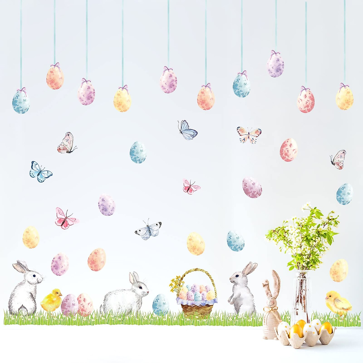 Happy Easter Wall Stickers Easter Egg Wall Decals Easter Bunny Wall Decals Peel and Stick Rabbit Wall Stickers Bunnies Colorful Butterfly Wall Stickers Removable Easter Window Stickers Decorations