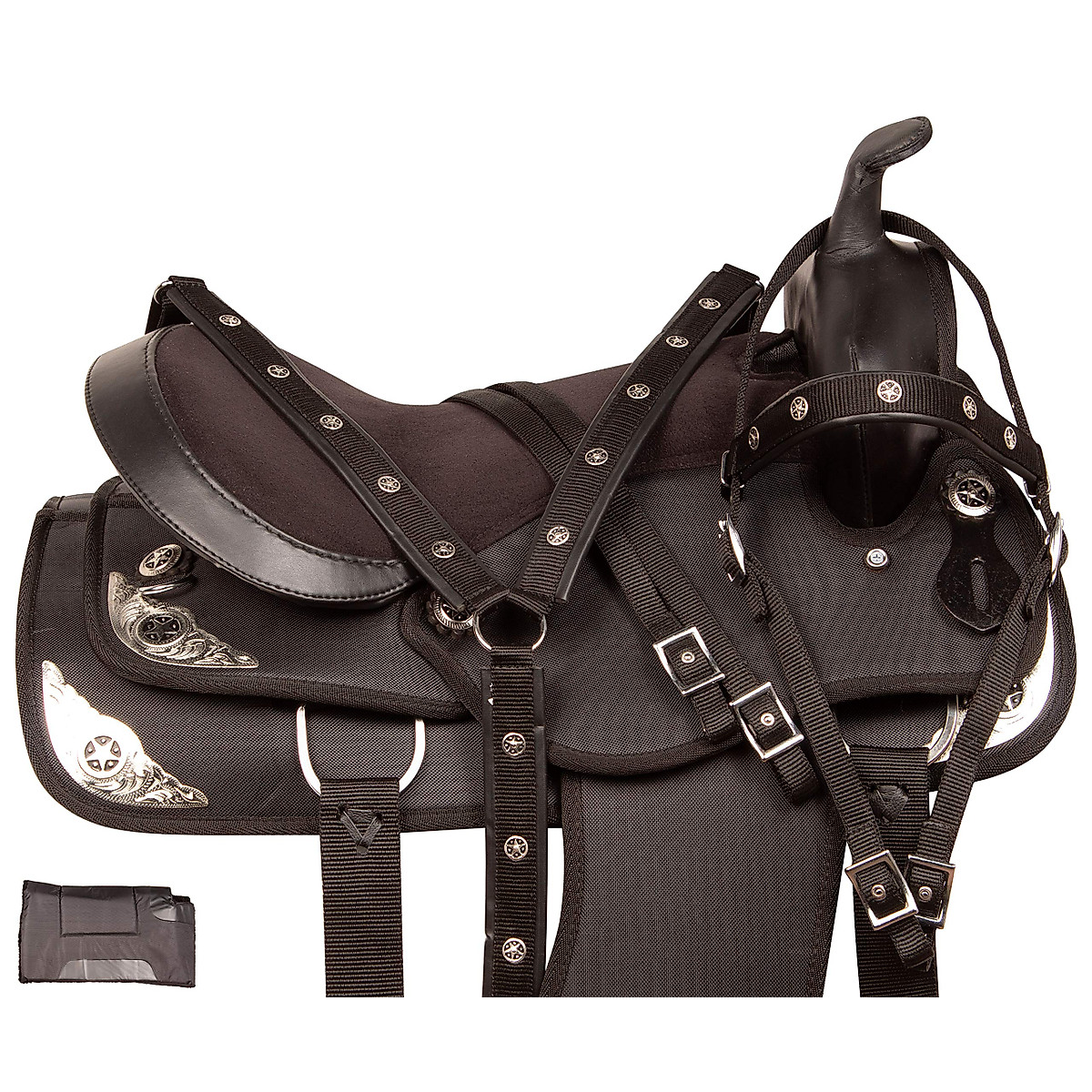Acerugs 12” 13” 14” 15” 16” 17” 18” WESTERN PLEASURE TRAIL Silver TEXAS STAR LIGHT WEIGHT SYNTHETIC HORSE SADDLE TACK SET PAD (Black, 18" FQHB)