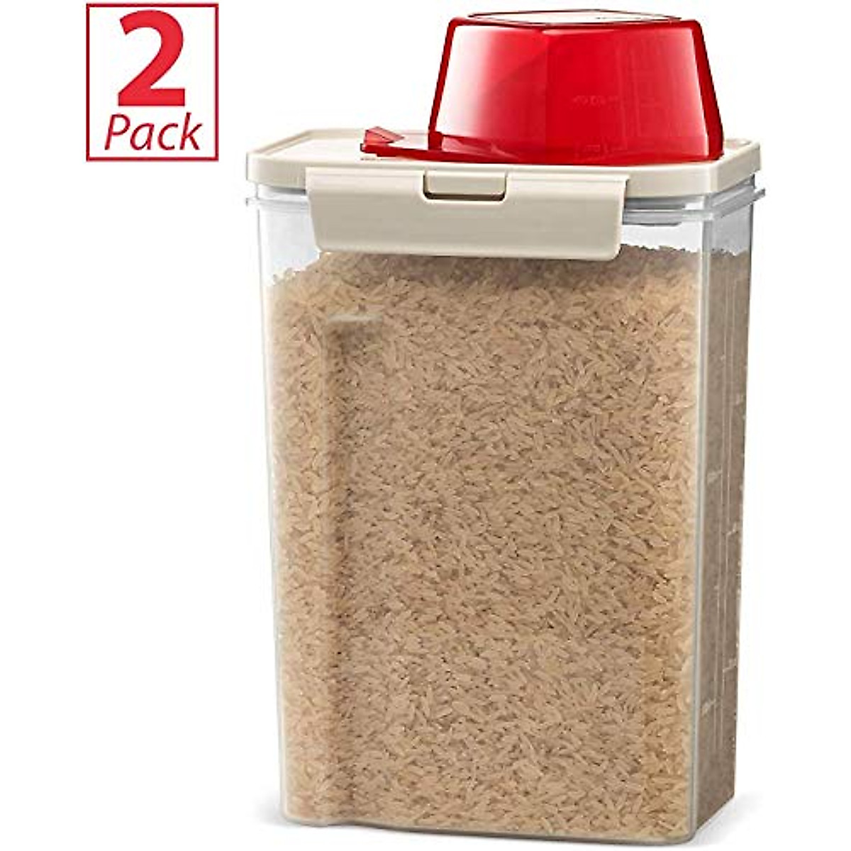 Komax Rice Container – Dry Food Storage Containers – BPA-Free Plastic Containers for Rice & Grain Storage – Rice Dispenser w/Lid & Measuring Scoop – Dishwasher Safe Food Containers (Set of 2)