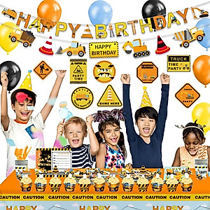 Construction Birthday Party Supplies, 207 Pcs Dump Truck Party Decoration For Boys Kids Birthday Party - Banner, Cake and Cupcake Toppers, Forks, Knives, Spoons, Straws, Plates, Balloons, Invitation Cards, Tablecloth, Party Signs, Cups, Napkins Serves 16
