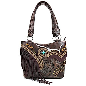 Zelris Women Tote Handbag Wallet Set Turquoise Concho Suede Fringe Two Tone Cowgirl Concealed Carry Purse (Western Brown)