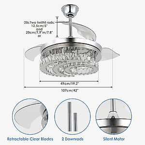 FRIXCHUR 42" Dimmable Fandelier Led Crystal Chandelier Ceiling Fans with Lights and Remote Moon Shape Retractable Chandelier Ceiling Fan for Bedroom Living Room Dining Room 30W*2