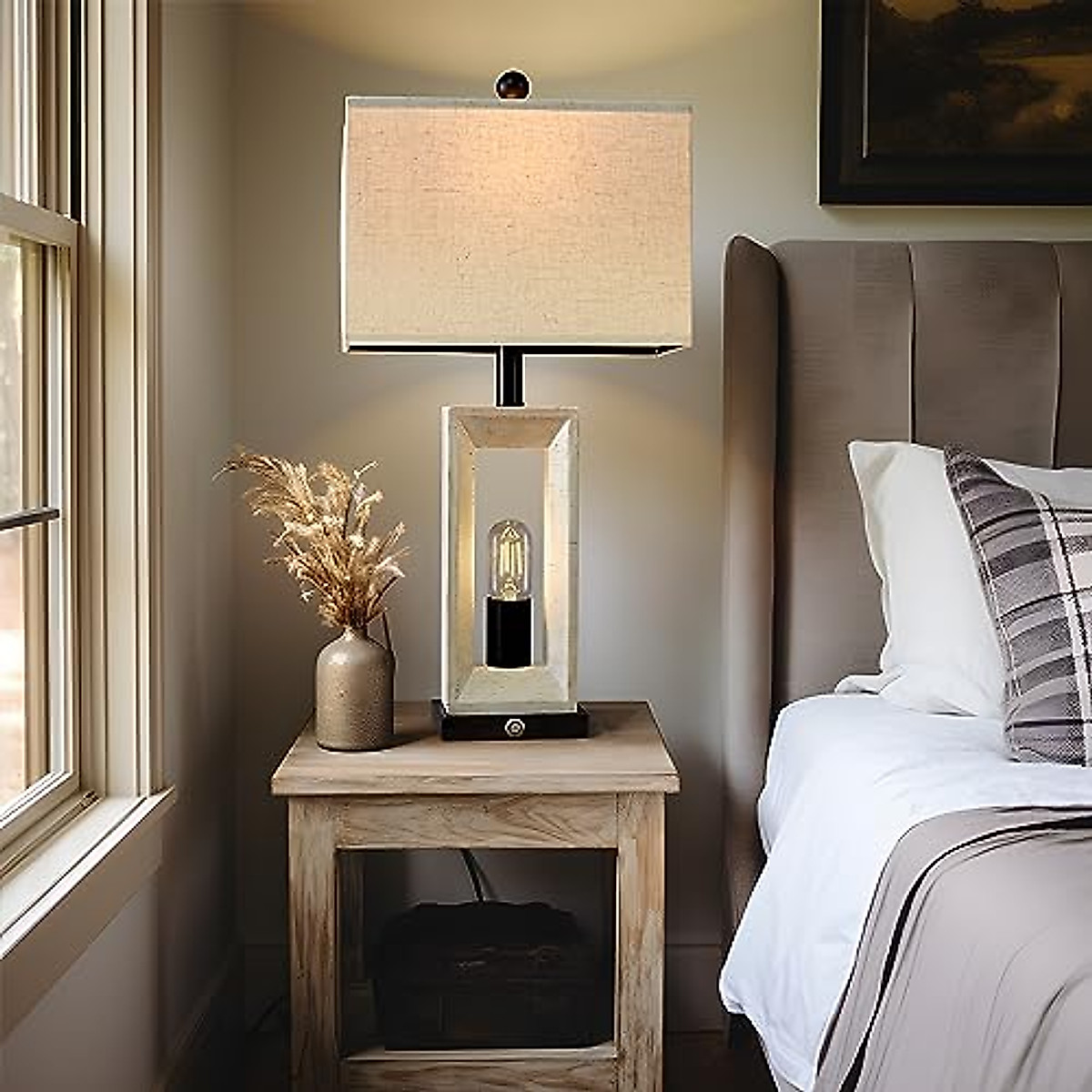 G-SAFAVA 25" Farmhouse White Table Lamp USB C+A Ports with 3 Way Dimmable Touch Control Nightstand Lamp Vintage Modern Lamps for Living Room Bedroom Hotel(4 Bulbs Included)