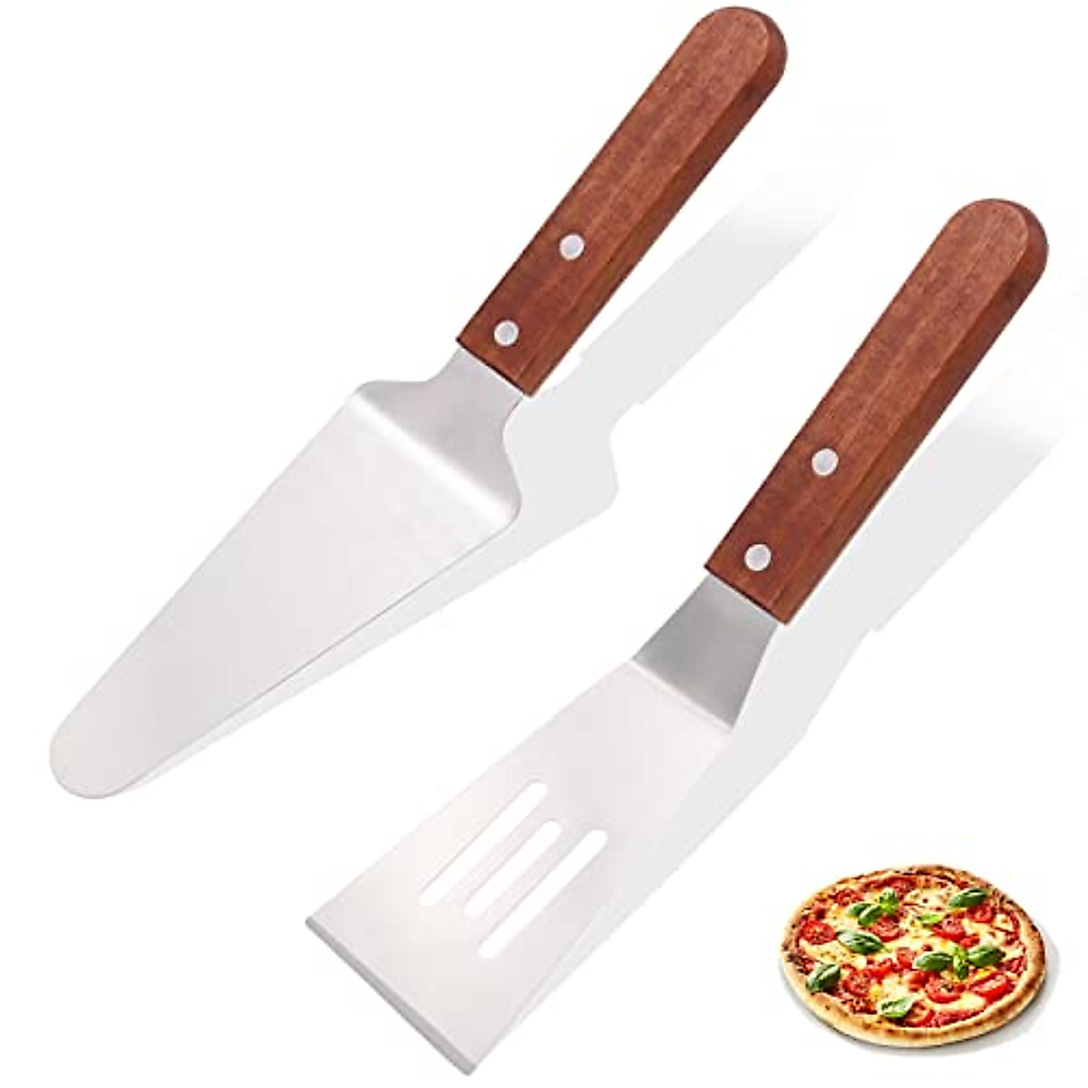 Wood Handle Pie Server and Cake Server Set Stainless Steel Set for Cutting and Serving Desserts, Brownies