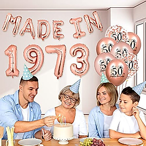 Rose Gold 50th Birthday Decorations Set 15 Pcs Rose Gold Happy 50th Birthday Latex Balloons and Large Made in 1973 Foil Balloons Banner Backdrop for Women Fifty Year Old Birthday Party Decor Supplies