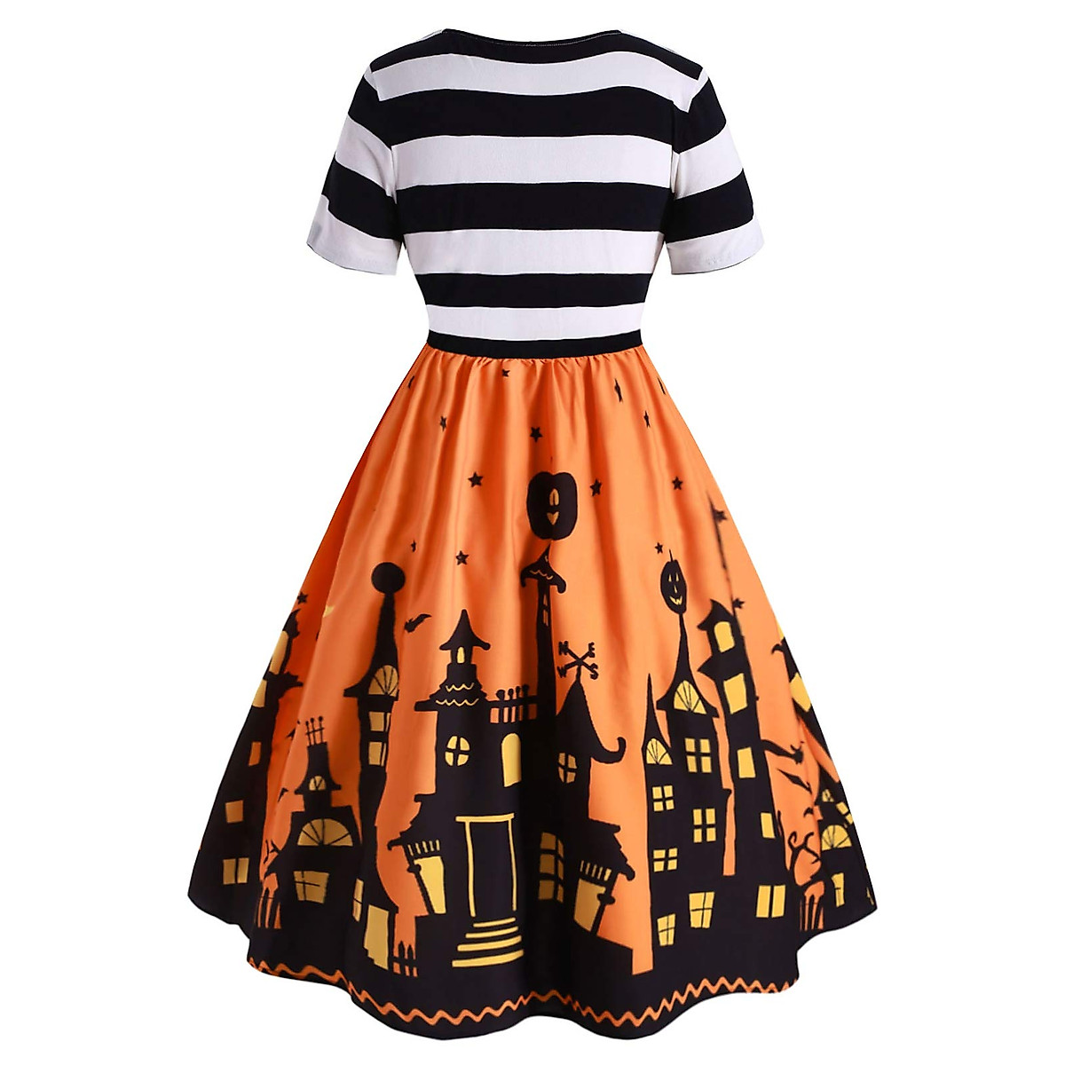 ZEZCLO Women's Plus Size Halloween Dress Funny Striped Pumpkin Halloween Costume Flared Dresses Orange 3XL