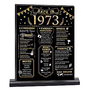 Kihraw 50th Birthday Party Decoration, Black Gold Back in 1973 Table Sign with Base Plate, 50 Year Old Birthday Party Supplies, Vintage 1973 Display Holder Table Decorations for Men Women