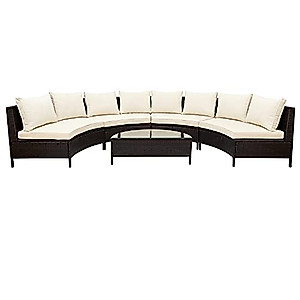 Tensun 5 Pieces All-Weather Brown PE Rattan Wicker Sofa Set Outdoor Patio Sectional Furniture Set Half-Moon Sofa Set with Tempered Glass Table for Garden Balcony Backyard(Beige)