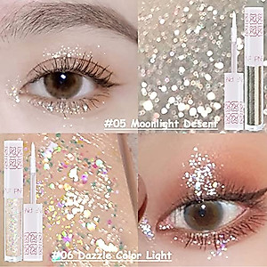 6Pcs Liquid Glitter Eyeshadow Eyeliner, Korean Makeup, Bling Under Eye Shadow, Shimmer Metallic Eye Make Up Set, Long Lasting, Quick Drying and Pigmented Loose Glitter Glue for Crystals Eye Makeup