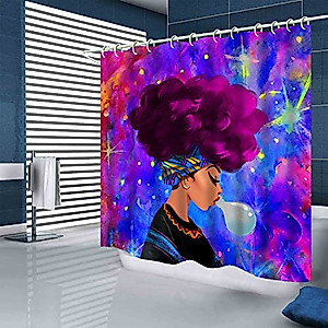 4PCS African American Woman Shower Curtain Set for Bathroom with Rugs and Accessories Sets Include Black Girl Bathroom Shower Curtain Set & 3 Non-Slip Bath Mat (Purple)
