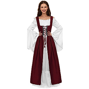 WYZJL Renaissance Dress Women Medieval Dress Ren Faire Costume Renaissance Overdress Outfit Irish Dress Halloween Costume, Burgundy S/M
