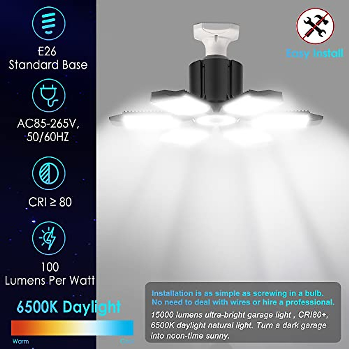 LED Garage Light Bulb, 150W 15000LM Deformable LED Garage Ceiling Light with 6 Adjustable Panels, E26/E27 Screw-in Bulb Base LED Shop Light, 6000k Daylight Lighting for Garage, Basement, Barn