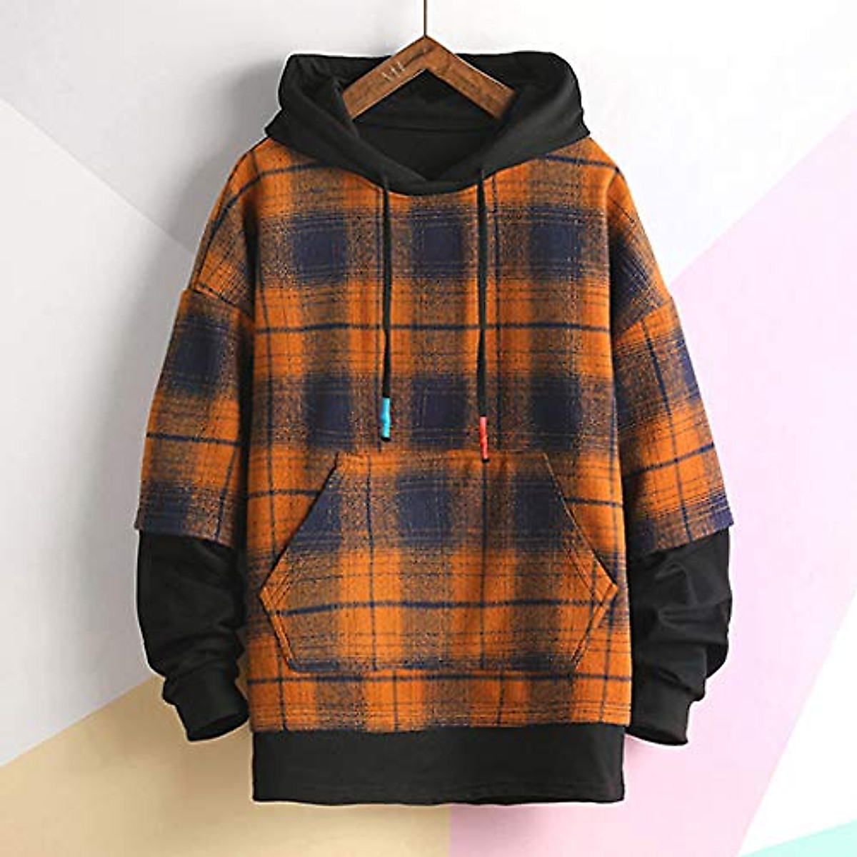 Thenlian Men's Casual Fashion Plaid Printing Hoodie Long Sleeves Sweatershirt Plaid Hooded Sweater Tops(XXL, Yellow)
