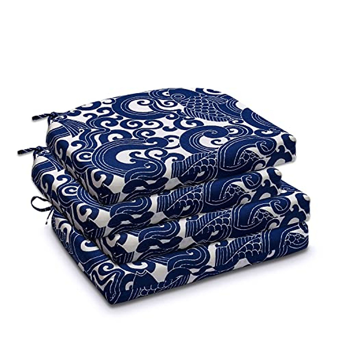 downluxe Outdoor Chair Cushions, Waterproof Round Corner Memory Foam Seat Cushions with Ties for Garden Patio Funiture, 17" x 16" x 2", Blue Carp, 4 Pack