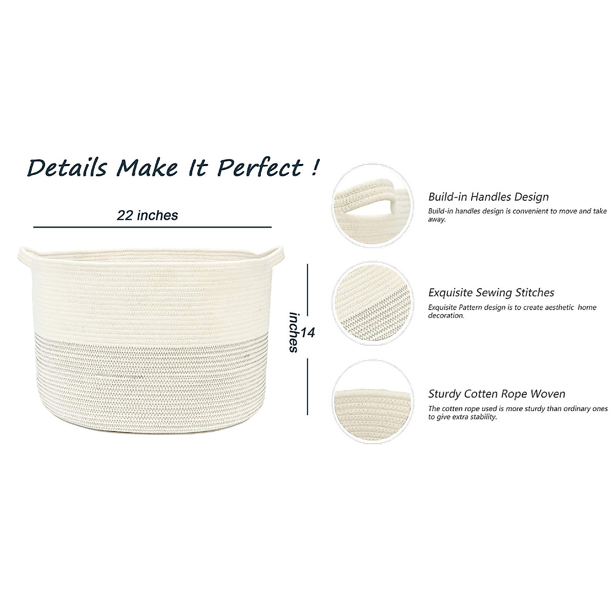 XXXL Cotton Rope Baskets 22 x 14 inches, Jumbo Woven Laundry Blanket Basket with Handles, Large Storage Baskets for Blanket Towels Pillow Clothes, Round Baby Dogs Toy Bins in Living Room Bedroom