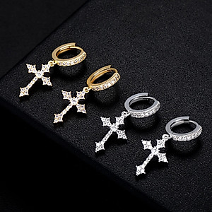 TKMIRA 14K Gold/Silver Plated Cross Earrings Men Women Hypoallergenic Cubic Zirconia Dangle Hoop Earrings (cross3-silver)