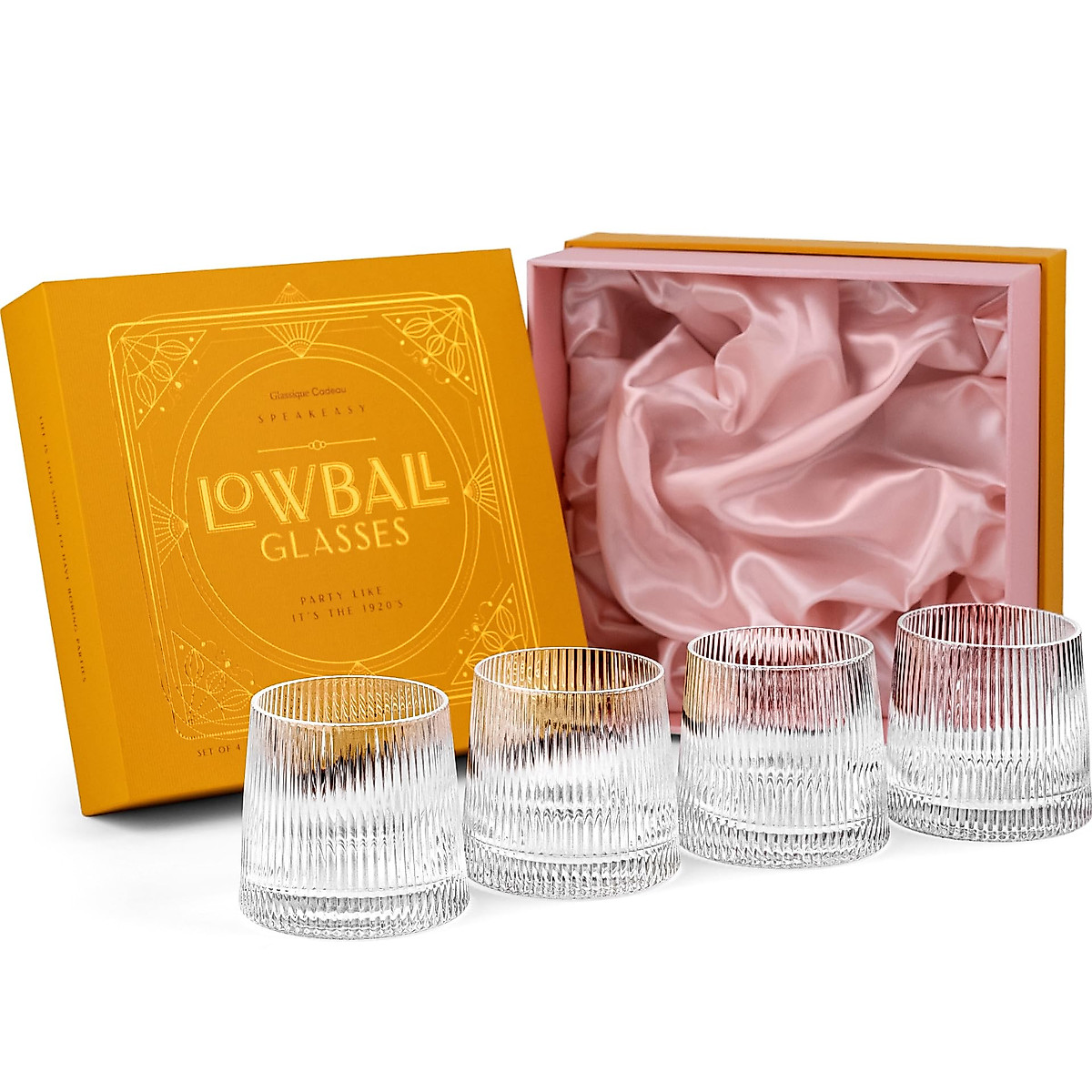GLASSIQUE CADEAU Vintage Art Deco Speakeasy Lowball Glasses | Set of 4 | 9 oz Crystal Tumblers for Drinking Classic Gin, Rum, Vodka Bar Drinks | Round Short Rocks Glassware