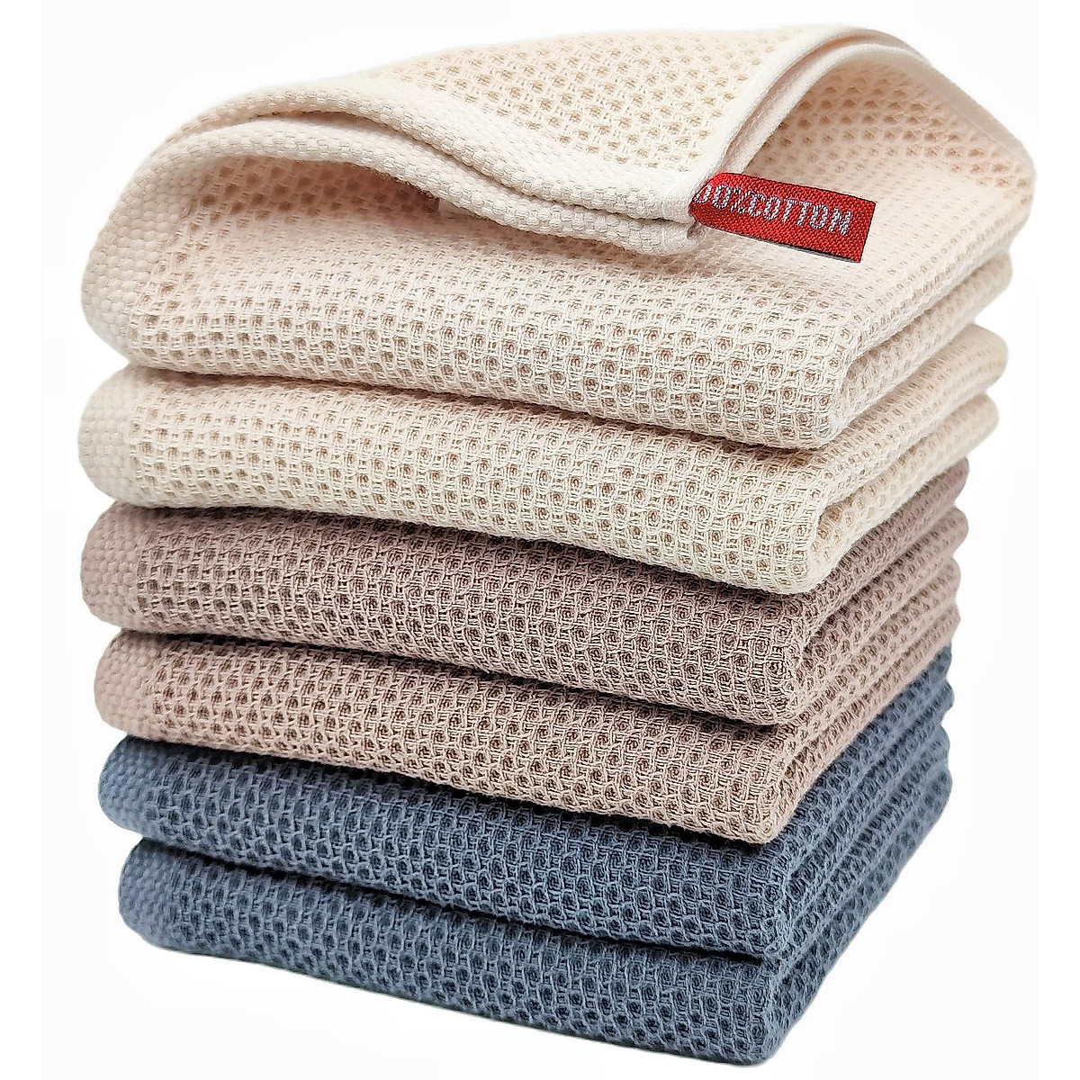 ANEWAY Kitchen Hand Towels 100% Cotton Waffle Weave Dish Towel for Cleaning Drying - Extra Absorbent and Soft - 13 x 28 inch (Beige+Dark Grey+Brown-6 Pack)