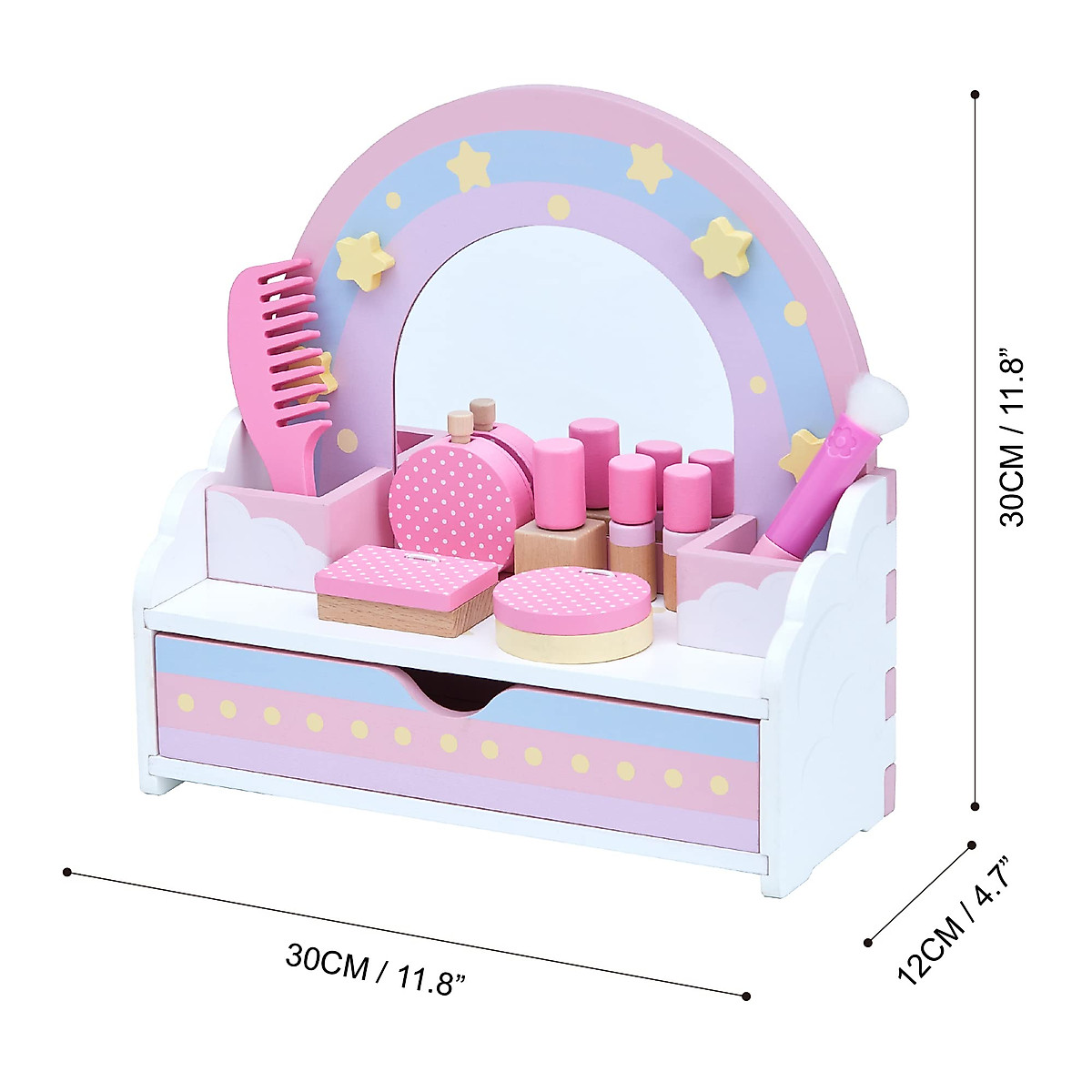 Teamson Kids Little Dreamer Wooden Rainbow Play Tabletop Vanity with Mirror and Drawer Plus 8 Pretend Cosmetic Makeup Accessories, Pink, includes Small Parts