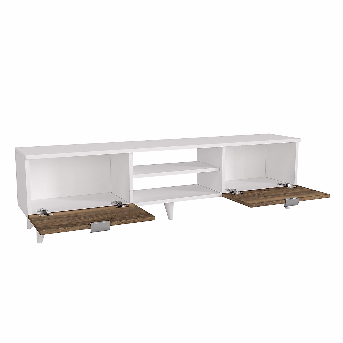 DORPEK Tealo Tv Stand White - Walnut, Tv Cabinet for TVs up to 65", Tv Bench with 2 Drawers and 2 Open Shelves, Tv Storage Unit for Living Room and Bedroom