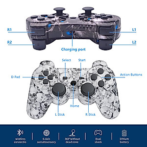 PS3 Controller Wireless, Gaming Remote Joystick for Playstation 3 with Charger Cable Cord (Black Ghost, White Skull)