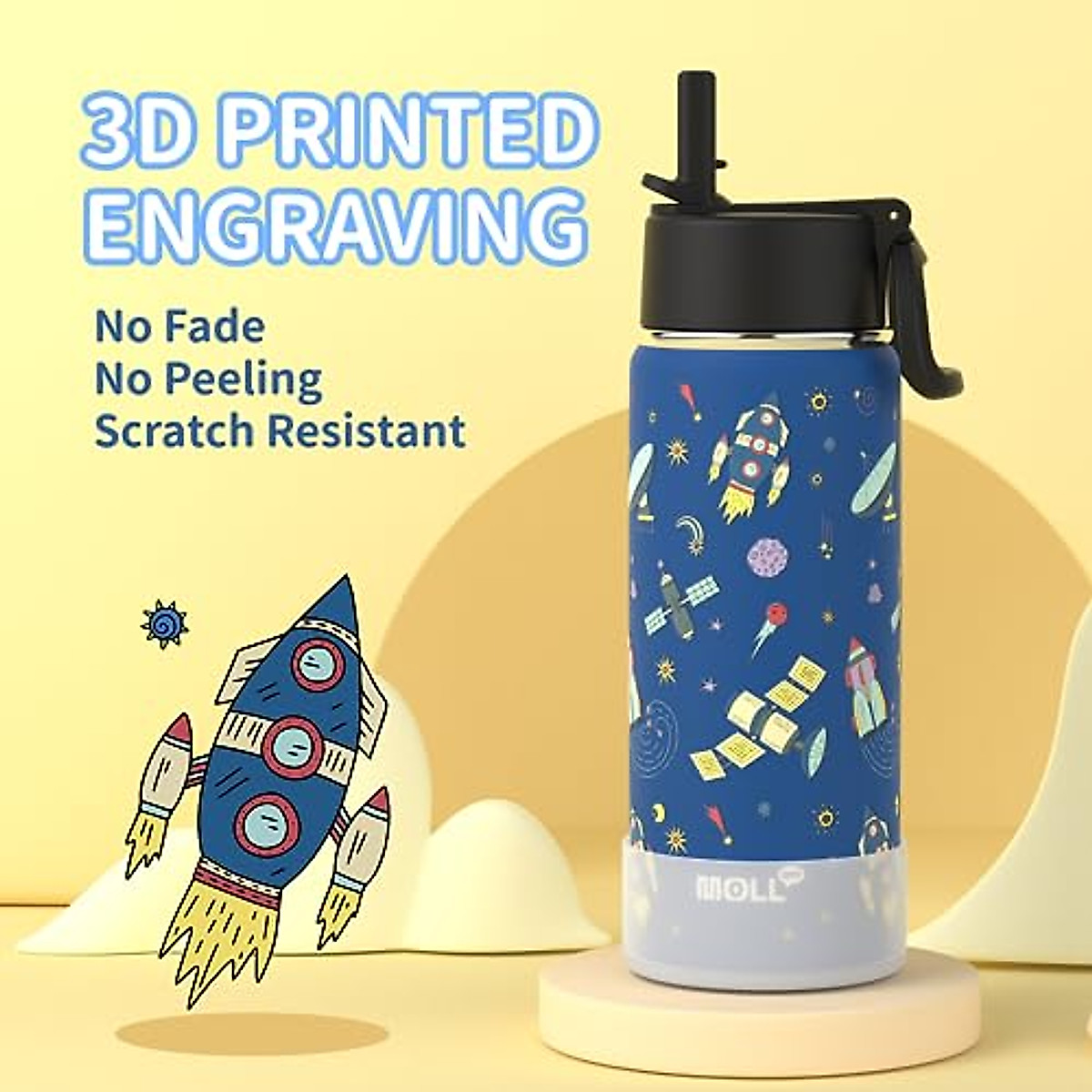 Mollcity 16 oz Stainless Steel Vacuum Insulated Water Bottle with Straw Lid-Reusable Metal Water Flask for School, Boys | Girls-Space