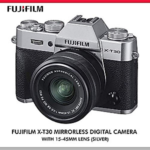Fujifilm X-T30 4K Wi-Fi Mirrorless Digital Camera with XC 15-45mm Lens Kit - Silver with 32GB Bundle and Travel Photo Cleaning Kit