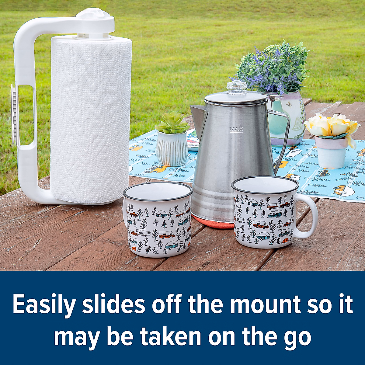 Camco Paper Towel Holder | Ideal for Compact Areas | Features Mountable Design and Adjustable Side Knob | White (57114)