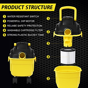 PRETEC Wet Dry Shop Vac, 2.5 Gallon Wet Dry Vacuum Cleaner, 3 Peak HP Small Shop Vac, 3 in 1 Portable Shop Vacuum with Nozzle, Filter, Vacuuming and Blowing, for Cleaning Floor, Upholstery, Gap, Car