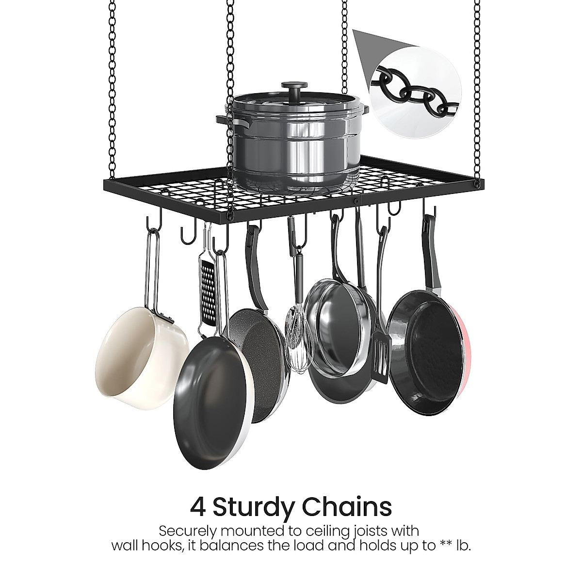 CHOEZON Hanging Pot Rack, Ceiling Mounted Pot Hanger for Kitchen, Metal Cookware Storage Organizer with 12 Hooks, for Storage of Cookware, Utensils in Kitchen, 23.7" L, Black TPR03BB