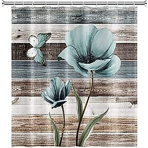 Cnayuep Shower Curtain, Farmhouse Shower Curtains for Bathroom, Rustic Shower Curtain Set Shower Curtains, Teal Floral Bathroom Shower Curtain Sets, Waterproof Bathroom Curtain Bathroom Decor 72"X72"