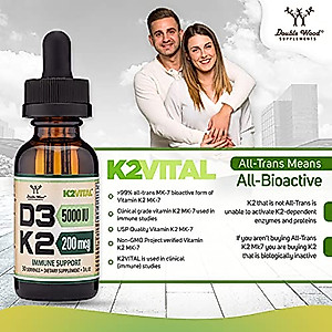 Vitamin D3 K2 5,000 IU Liquid Drops (5,000 IU of D3 and 200mcg of 99.9% All-Trans Patented K2 MK-7 (K2Vital)) Max Absorption Liquid Vitamin D Drops (30 Servings) by Double Wood