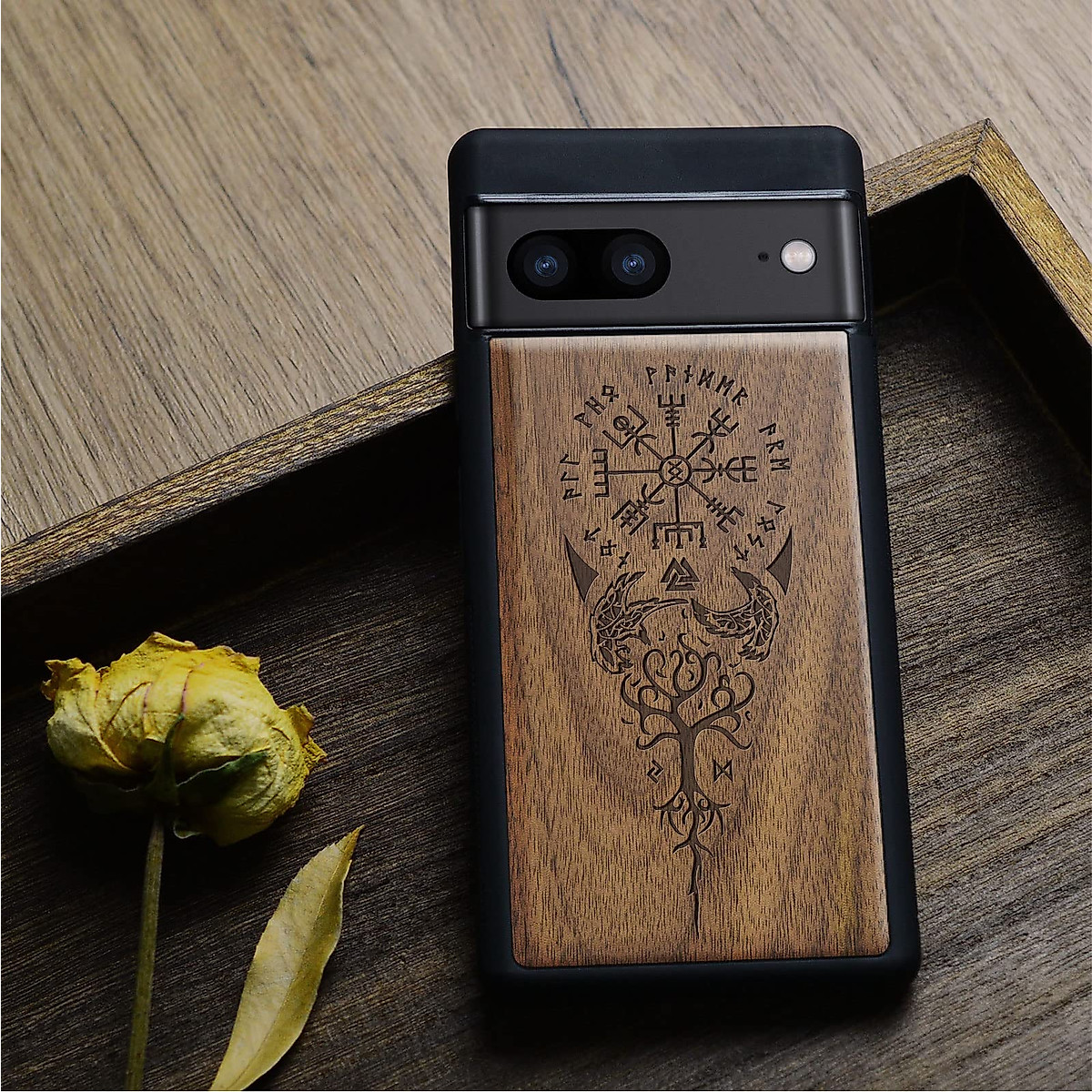 Carveit Wood Case for Pixel 7 Case [Natural Wood & Black Soft TPU] Shockproof Protective Cover Unique & Classy Wooden Case Compatible with Google Pixel 7 Case (Viking Vegvisir-Walnut)