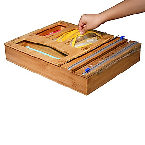 TILSI Storage Bag Organizer, Plastic Wrap Organizer and Dispenser with Cutter for Kitchen, Compatible with Gallon, Quart, Sandwich and Snack Variety Size Bag