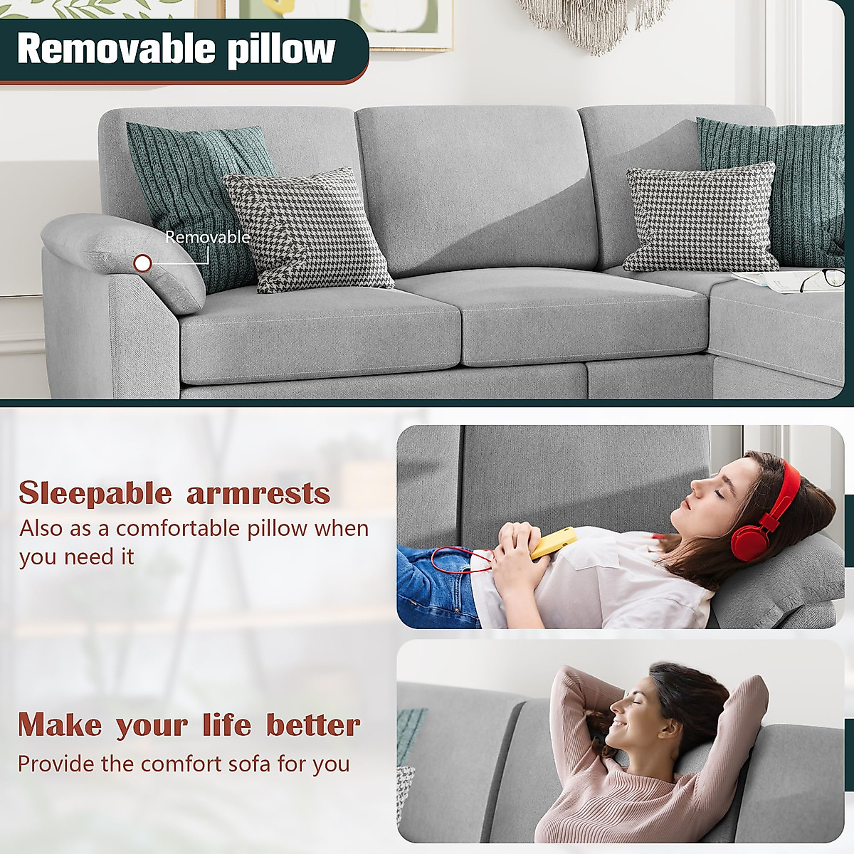 Vongrasig 79" Convertible Sectional Sofa Couch, 3 Seat L Shaped Sofa with Removable Pillows Linen Fabric Small Couch Mid Century for Living Room, Apartment and Office (Light Grey)