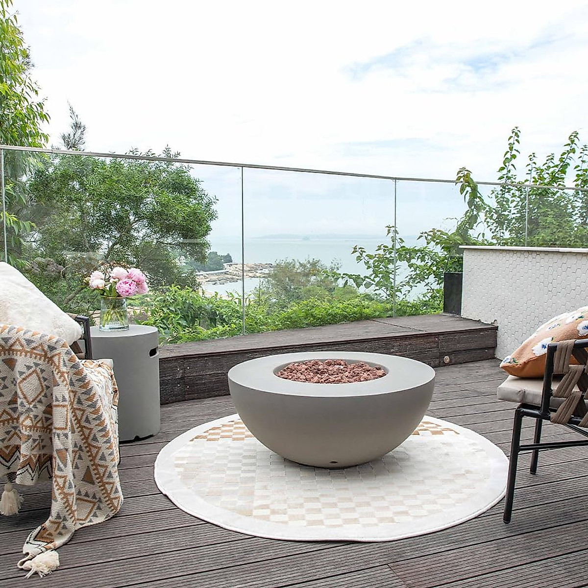 Roca Concrete Fire Pit 34" x 34" Outdoor Patio Firepit Includes Lava Rocks Modern Fire Pits & Outdoor Fireplaces for Garden, Deck, Indoor & Outdoor Heating