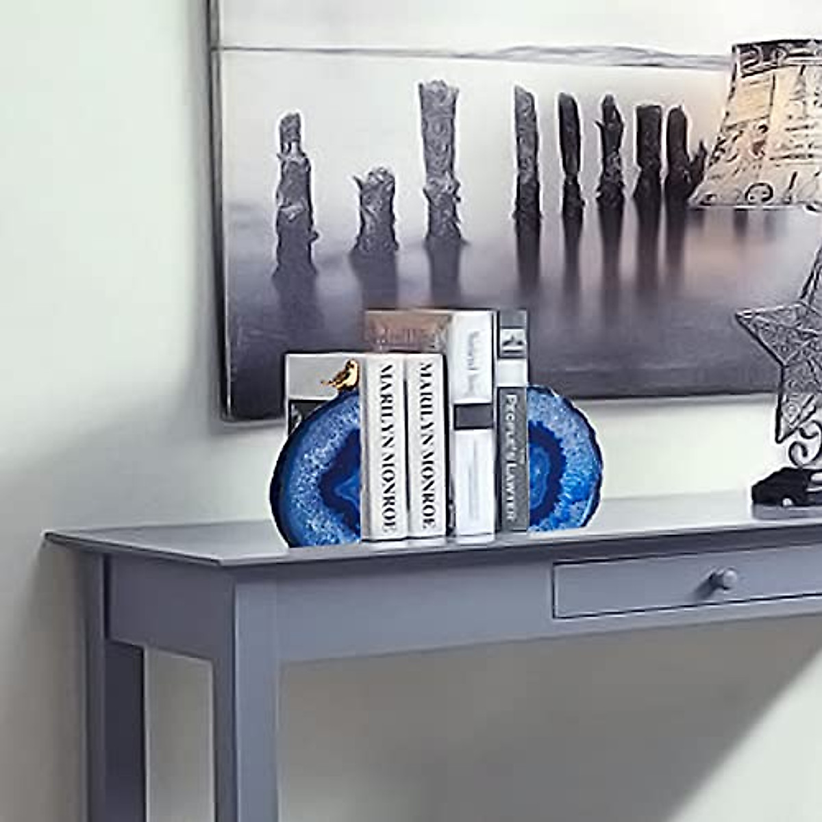 Yougoals Blue Agate Bookends for Shelves, Geode Crystal Book Ends for Heavy Books, Stone Decor with Rubber Bumpers 1 Pair 3-3.8LBS Home Decorative Unique