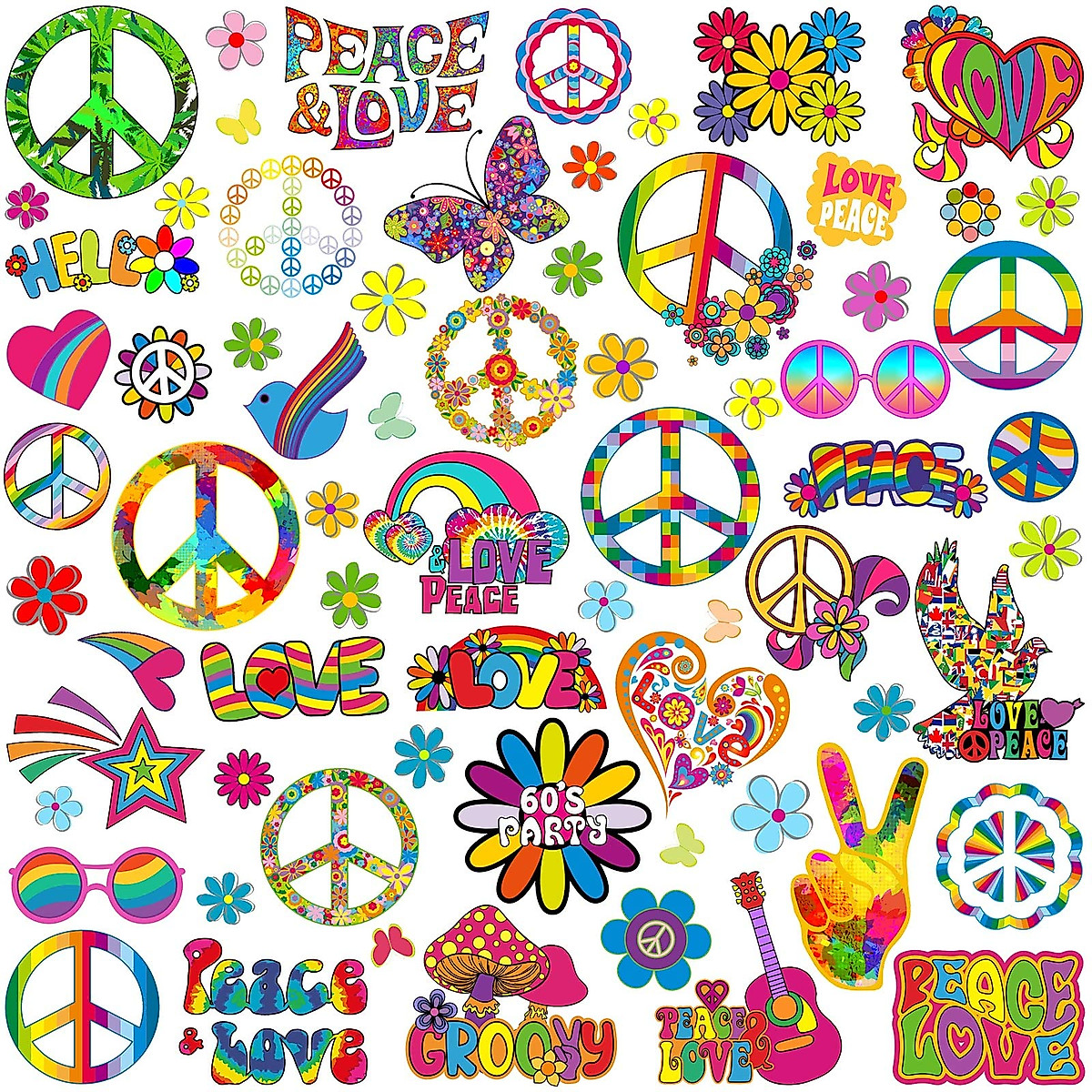 Demissle 280 Pieces Hippie Temporary Tattoos Butterfly Flower Love and Peace Lucky Rainbow Tattoos Groovy Hippie Temporary Fake Tattoos Decor School Rewards for Kids 70s Groovy Party Favors