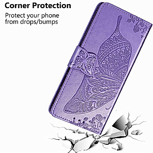 MEUPZZK Samsung Galaxy A14 5G Case, Samsung A14 5G Wallet Case, Embossed Butterfly Flower Premium PU Leather [Kickstand][Card Slots][Wrist Strap][6.6 inch] Phone Cover for Samsung A14 5G (A-Lavender)