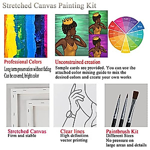 2 Pack Paint and Sip Canvas Painting Kit Pre Drawn Canvas for Painting for adults Stretched Canvas Couples Games Date Night Afro King Queen Paint Party Supplies Favor (8x10)